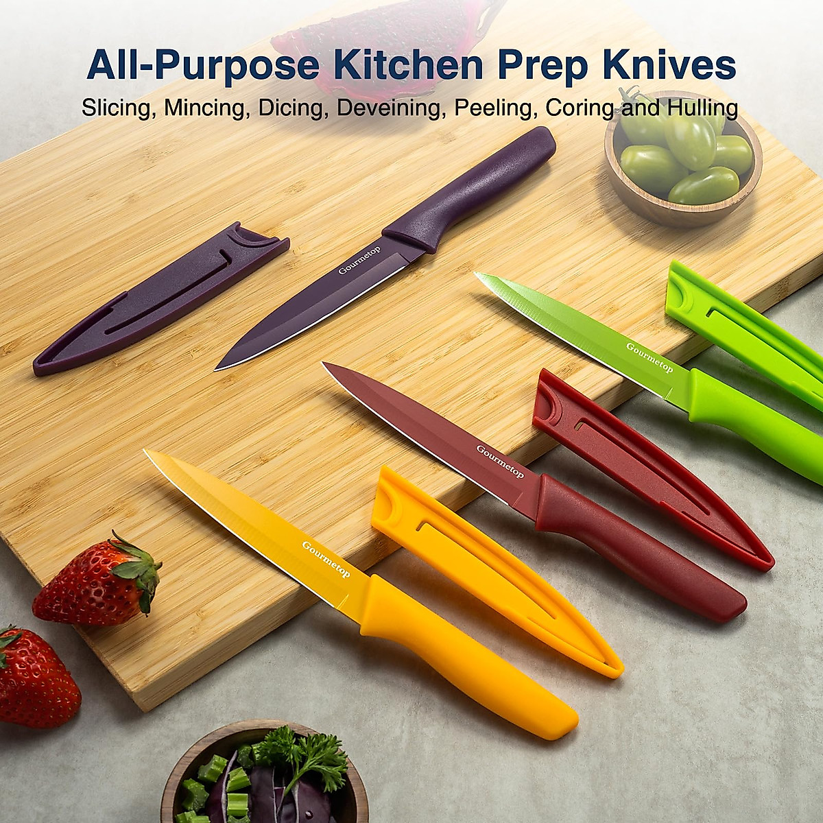 Gourmetop Paring Knife with Cover, Paring Knives Set of 4, 4.5" Paring Knife Set of Premium Stainless Steel, Small Kitchen Knife Set for Fruit and Vegetable, Ergonomic Knife Handles for Versatility