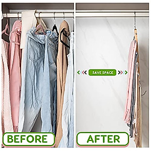 Unjumbly 2 Pack Magic Pants Hangers - Space Saving Hanging Closet Organizer for Trousers, Jeans, Leggings, Skirts, Scarves, Stainless Steel Wooden Hangers