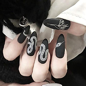 Outyua Medium Snake Press on Nails Black&White Fake Nails Matte Almond False Nails with Designs Stick on Nails Tips for Women and Girls 24Pcs (Snake)