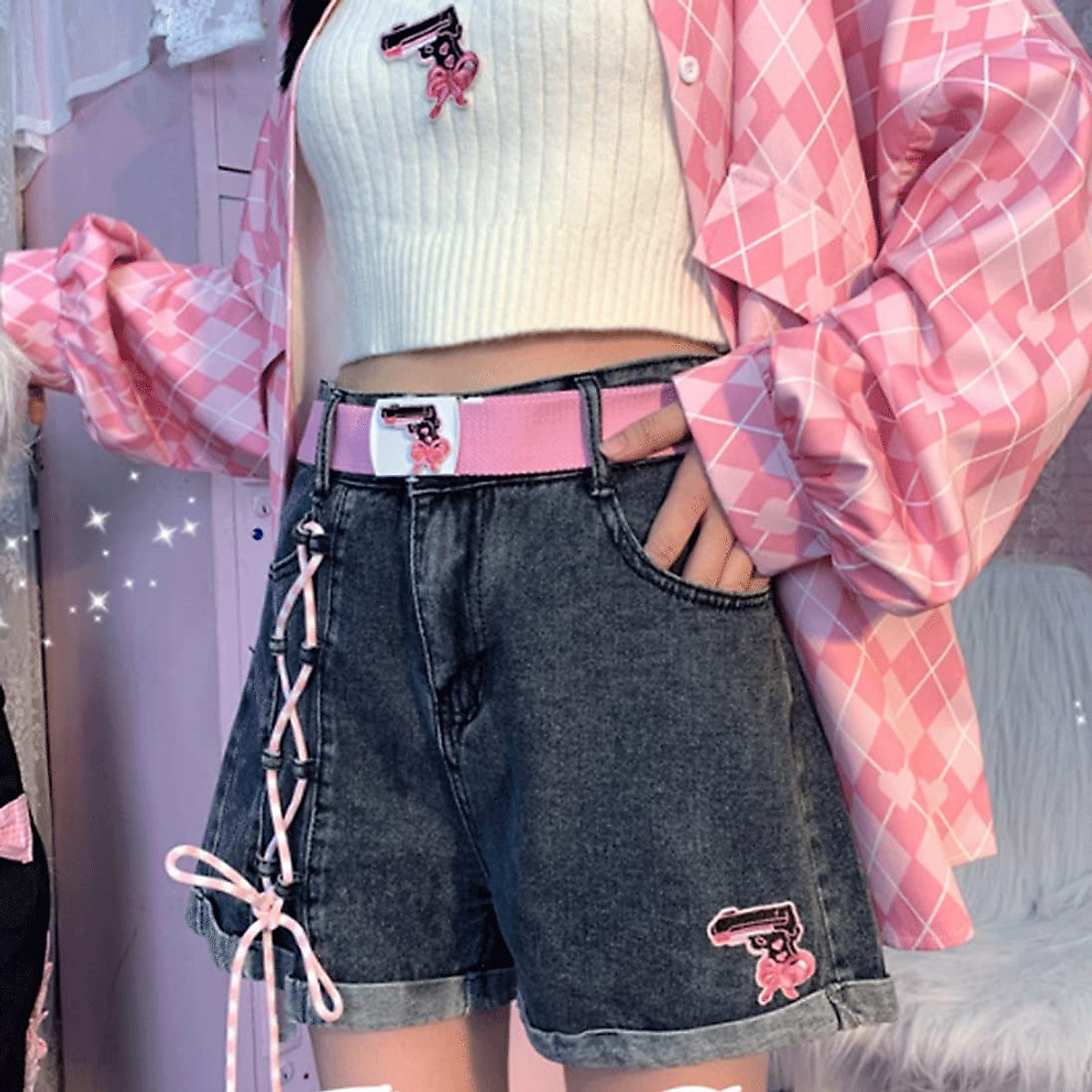 ZLMuMulin Y2K Harajuku Style Kawaii Gothic Straight Leg Loose A Line Folded Vintage Embroideried Print Jeans Shorts S Grey