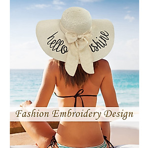 Beach Hats for Women - Foldable Straw Hat Embroidered Wide Brim Floppy Sun Hat UPF 50+, Honeymoon, Travel, Cruise White