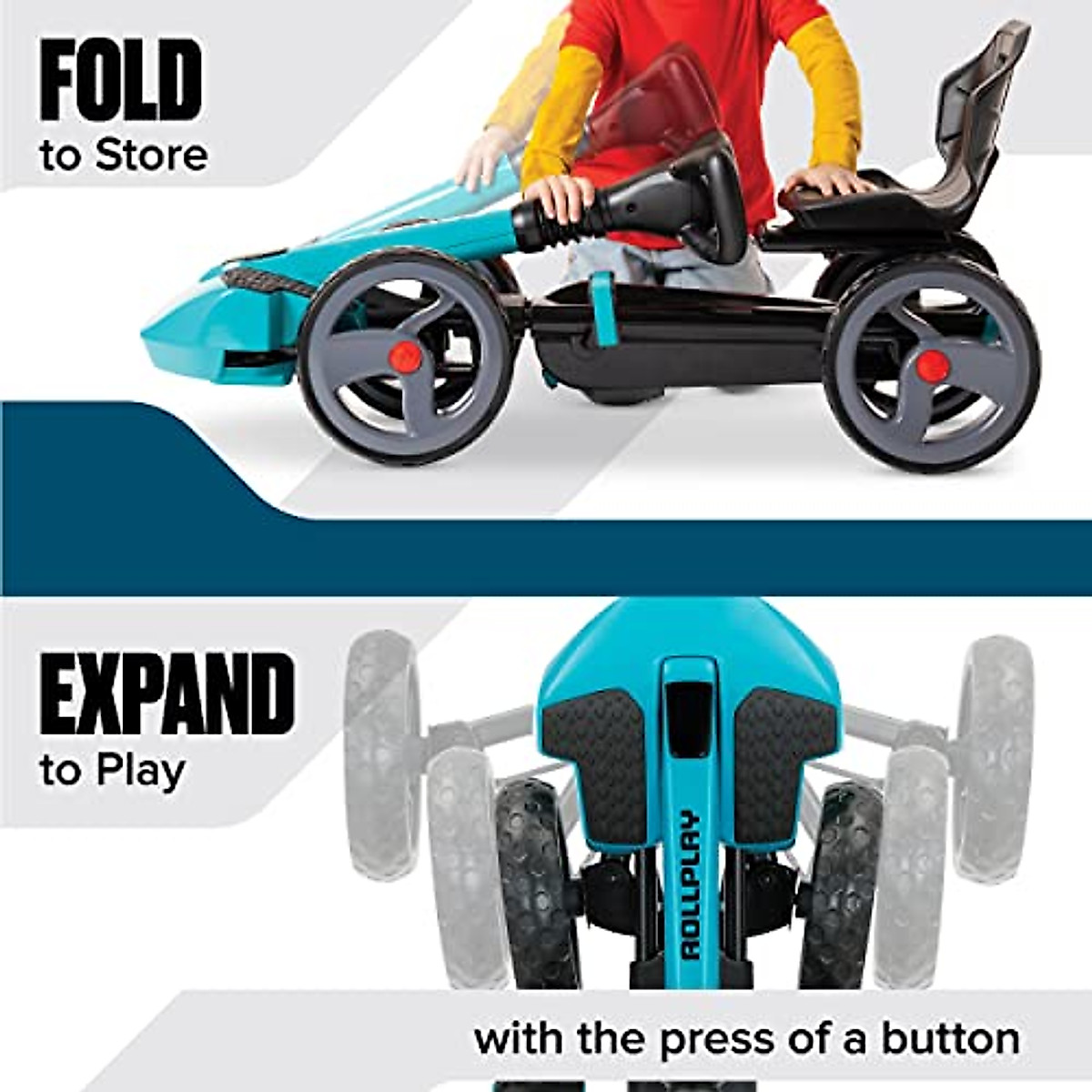 Rollplay Flex Kart XL Pedal Go Kart for Kids Featuring EVA Tires for Traction and Durability, 2-Position Adjustable Bucket Seat, and Easy Push-Button Folding Function for Easy Storage