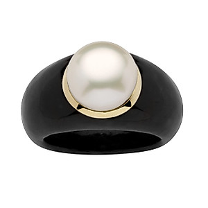 PalmBeach 10K Yellow Gold Round Genuine Cultured Freshwater Pearl set in Genuine Black or Green Jade Ring (11 mm) Size 6