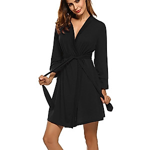 HOTOUCH Robes For Women Lightweight Knee Length Kimono Robe 3/4 Sleeve Short Summer Robe Black L