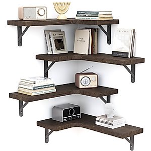 4 Pack Corner Floating Shelves, Set of 4 Wood Corner Shelves, Brown Wall Mounted Corner Shelfs, Upgraded Corner Bookshelf, Pantry Corner Shelf, Corner Wall Shelf, Floating Shelf for Bathroom, Kitchen
