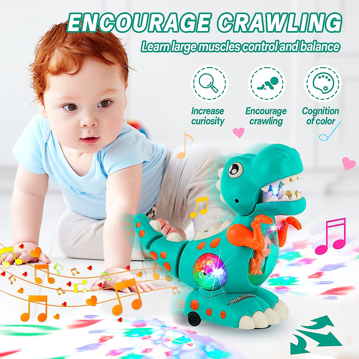 SENCU Baby Toys 6 to 12 Months, Infant Tummy Time Crawling Dinosaur Toys Gifts for 3 4 5 6 7 8 9 10 11 12 Boy Girl,Light-up Musical Baby Toys for 12-18 36 Months Walking Toddler Birthday Gift