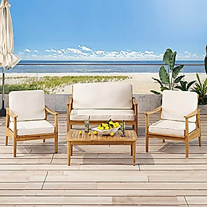 Christopher Knight Home Felix Outdoor Acacia Wood 4 Seater Chat Set with Coffee Table, Teak Finish, Beige