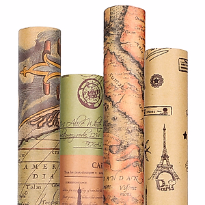 Whaline Vintage World Map Wrapping Paper - Not Roll - Retro Famous Building Gift Wrap Paper Folded Flat Kraft DIY Craft Art Paper for Wedding Birthday Party Decor Supplies, 8 Sheets