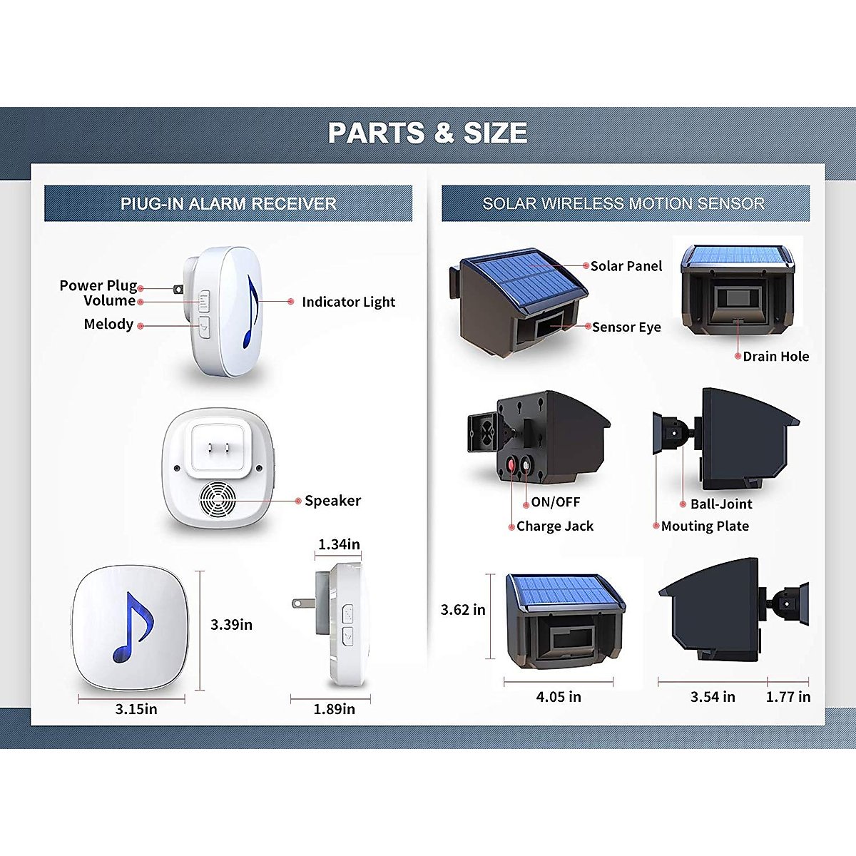 Htzsafe Solar Wireless Driveway Alarm System-1/4 Mile Long Transmission Range-Solar Powered No Need Replace Batteries-Outdoor Weatherproof Motion Sensor DIY Security Alert-1 Receiver and 2 Sensors KIT