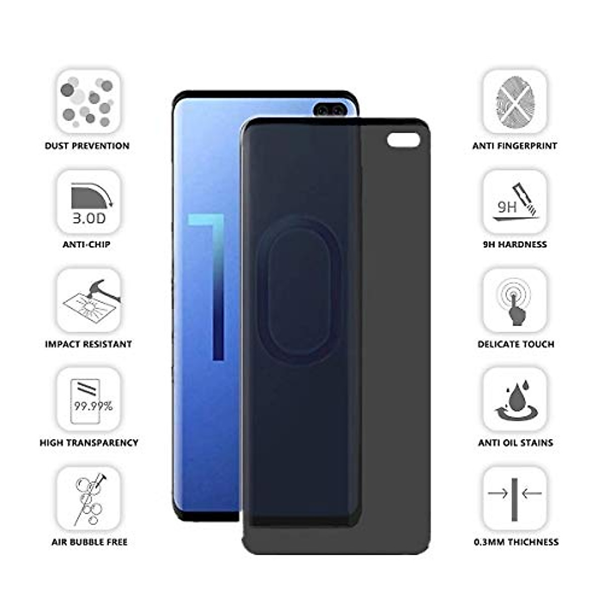 [2 Pack] YWXTW Galaxy S10 Plus Privacy Screen Protector, Tempered Glass Anti-Spy 9H Hardness Black Film for Samsung Galaxy S10 Plus, 3D Touch Anti-Peek Anti-Scratch Bubble Free Easy Install