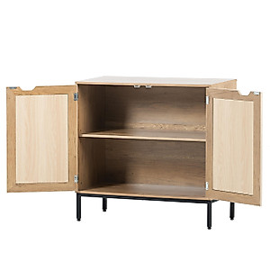 HESIEU Country Style Storage Cabinet with 2 Rattan Doors Natural Wood Sideboard Decorative Table Shoe Cabinet Office Cabinet with Metal Legs for Dining Room Kitchen Hallway Office