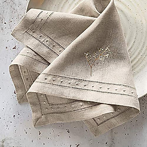 Linen Napkins - Natural 18 x 18 inch, Set of 4 Hemstitch Dinner Napkins Cloth with Embroidered Dot - Cloth Napkins from 100% French Flax, Natural Fabric