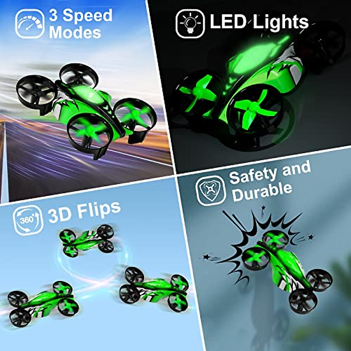 UNTEI 2 In 1 Mini Drone for Kids Remote Control Drone with Land Mode or Fly Mode, LED Lights,Auto Hovering, 3D Flip,Headless Mode and 3 Batteries,Toys Gifts for Boys Girls (Green)