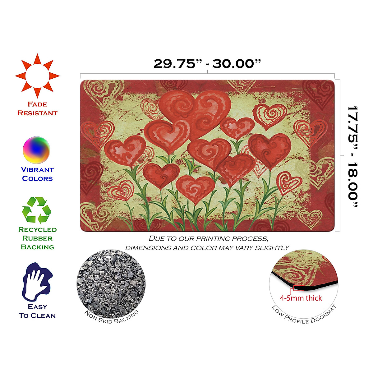 Toland Home Garden 800048 Garden Hearts Spring Door Mat 18x30 Inch Flower Outdoor Doormat for Entryway Indoor Entrance