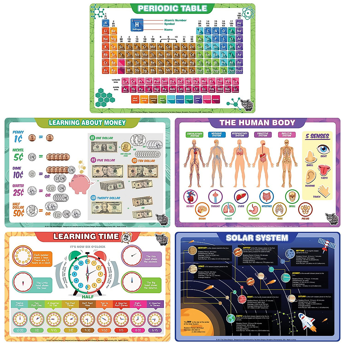 Fat Zebra Designs Educational Placemats - Set of 10 Learning Placemats - Easy Clean, Durable & Reusable Kids Table Mats - 12x17 Inches