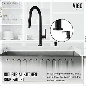 VIGO Greenwich Matte Black Kitchen Faucet with Pull-Down Sprayer | Solid Brass Faucet for Kitchen Sink with Bolton Soap Dispenser | Single-Handle Kitchen Sink Faucet with Swivel Sink Sprayer