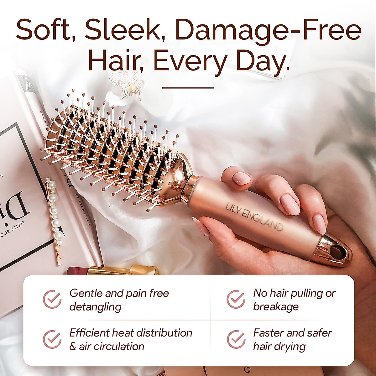 Lily England Vented Hair Brush for Blow Drying - Easy Detangling Hairbrush for Women for Fine, Thick, Curly Hair with Non-Slip Gel Handle - Static Free Vent Hair Brushes for Faster Drying, Rose Gold