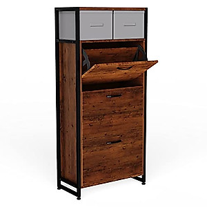 ZIAERKOR 3 Flip Drawers Industrial Shoe Storage Cabinet Narrow Shoe Rack for Entryway Slim Freestanding Shoe Rack Storage Organizer Wooden Tipping Shoe Closet for Home and Apartment