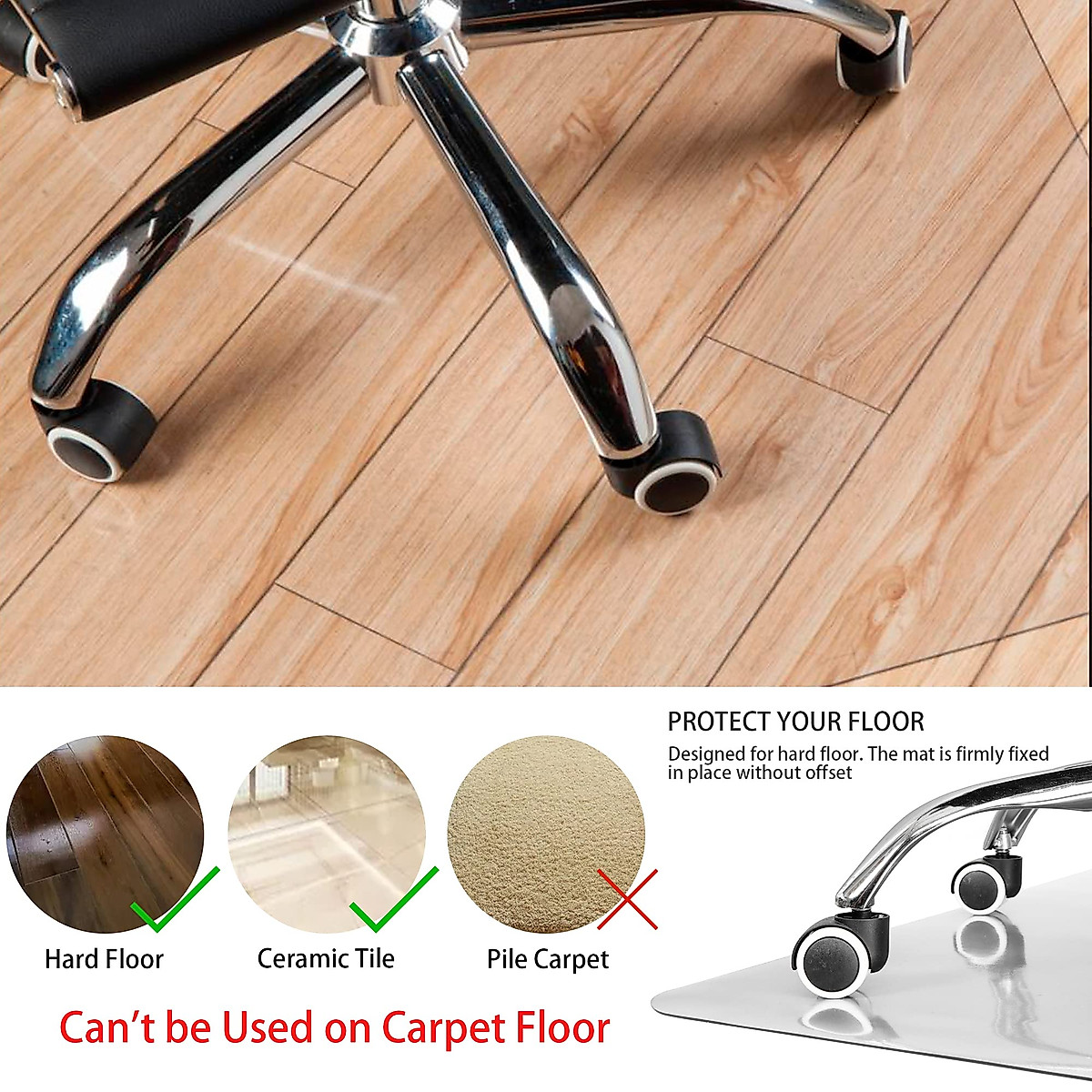 Office Chair Mat for Hardwood Floor 48"x 30" Heavy Duty Hard Floor Chair Mat, Transparent Floor Mats Computer Chair Mats Anti-Slip Wood/Tile Floor Protector for Home Office