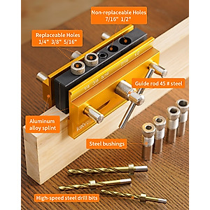 Kolvoii Self Centering Doweling Jig, Dowel Jig Kit Width Adjustable for Straight Holes Biscuit Joiner Tools with 3 High Speed Steel Drill Bits, 6 Drill Guide Bushings(Gold)