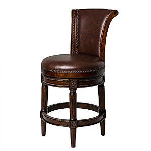 Maven Lane Pullman 26 Inch Tall Counter Height Upholstered Barstool with Back in Dark Walnut Finish with Vintage Brown Vegan Leather Cushion Seat