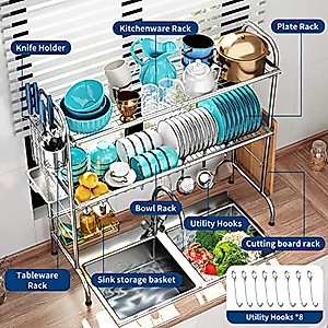 MOUKABAL Over The Sink Dish Drying Rack, Over Sink Dish Drying Rack with 2 Tier Utensil Holder,Large Stainless Steel Dish Racks for Kitchen Counter(fit≤33" Sink)