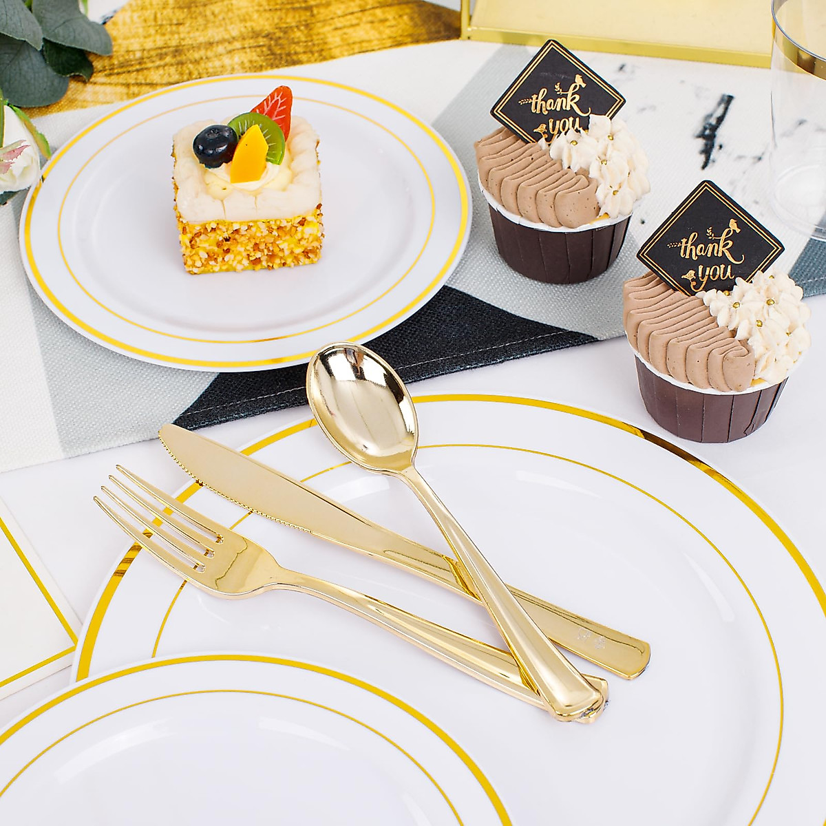 WDF 120 pieces Gold Disposable Plastic Plates - White and Gold Plates Include 10.25" Dinner Plates & 7.5" Salad Plates for Weddings and Party