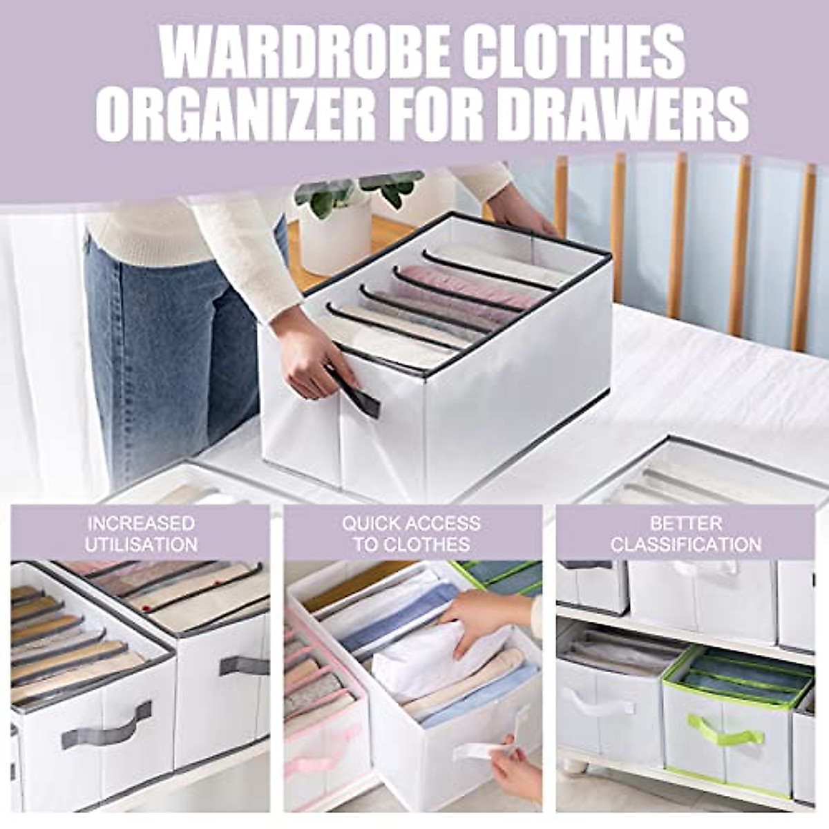 3 Pcs Wardrobe Clothes Organizer, Jeans Compartment Storage, Reinforced Handle Thickening Fabric, Foldable Washable Drawer Organizers, Mesh Clothes Storage Organizer for Bedroom (Gray)