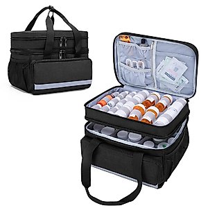 CURMIO Double Layers Pill Bottle Organizer Bag Empty, Medicine Organizer Storage Case with Lockable Zippers, Medication Travel Bag for Prescription Bottles, Medical Supplies, Black (Patent Design)