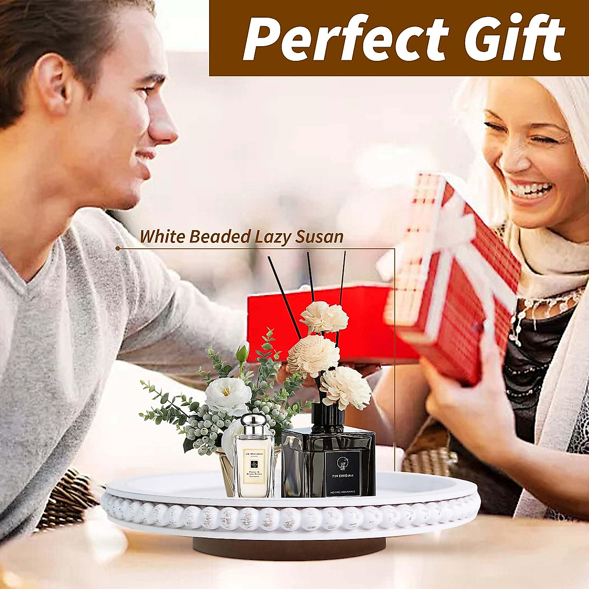 HPC Decor 12 Inch Beaded Lazy Susan- Wooden Lazy Susan Organizer- Farmhouse Table Decor- Round Lazy Susan for Table Cabinet- Kitchen Turntable 360 Degrees Rotating Table Decor Spinning Tray (White)