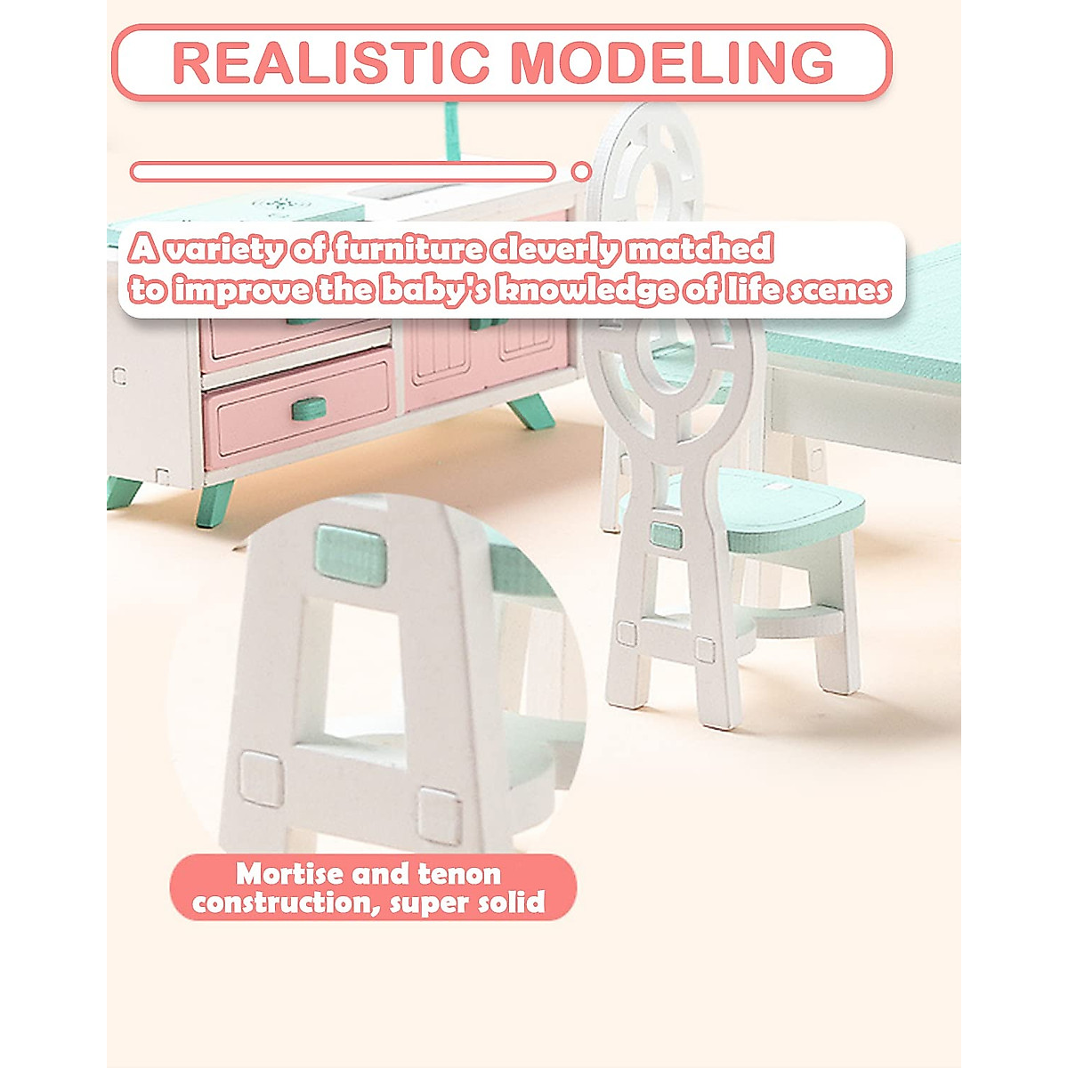 Wooden Dollhouse Furniture Set for Kids Colorful Pretend Play Toys with Wood Miniature Dining Room Doll House Accessories for Girls Boys Role Play Birthday Children's Day (PTD01)