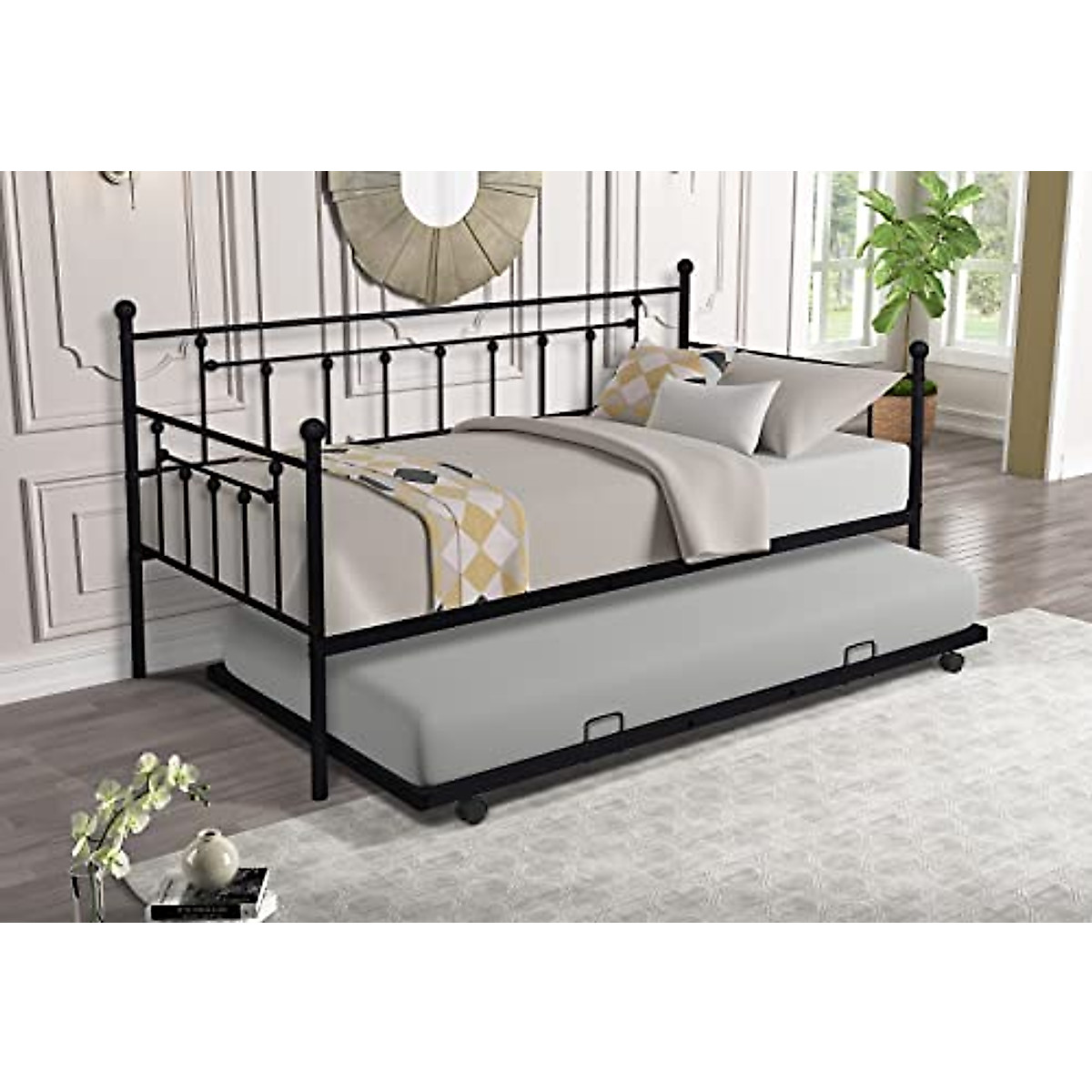 HOUAGI Metal Twin Daybed with Trundle,Sturdy Metal Slats Support,Noise Free/No Box Spring Needed,Black