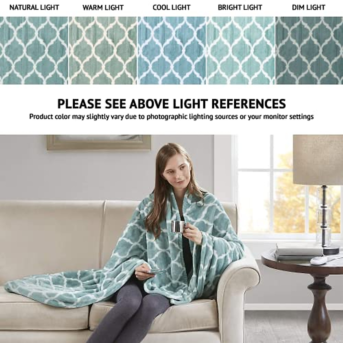 Beautyrest Ogee Printed Plush Electric Blanket for Cold Weather, Fast Heating, Auto Shut Off, Virtually Zero EMF, Multi Heat Setting, UL Certified, Machine Washable, Aqua Oversized Throw 60x70