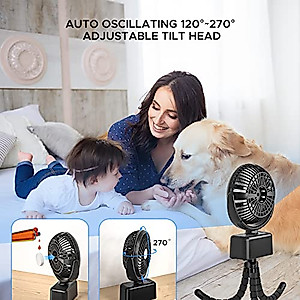 Battery Operated Stroller Fan with Flexible Tripod Clip On, 3 Speeds and 270°Auto Oscillating, Portable Personal Handheld Fan for Car Seat Crib Bike Treadmill……