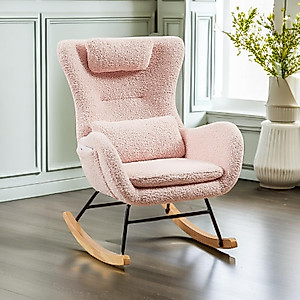 Altillo Teddy Rocking Chair Nursery, Upholstered Small Glider Rocker Accent Armchair with High Backrest, Small Glider Chair with Padded Seat for Nursery, Living Room, Bedroom (Pink)