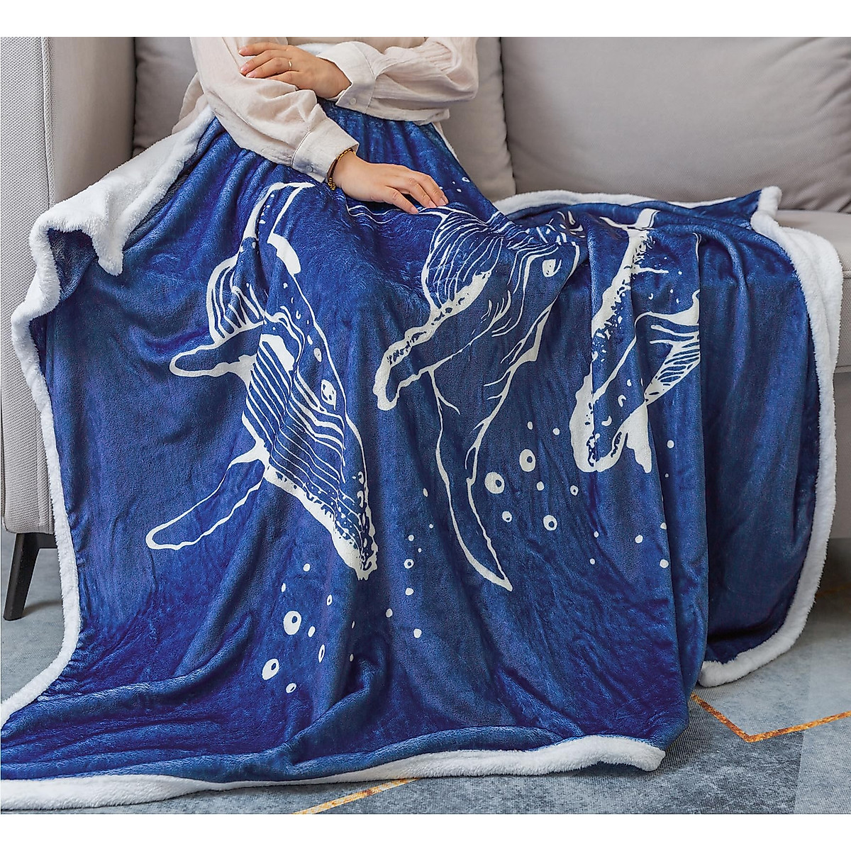 Zevrez Whale Blanket Navy Blue Whales Throw Blanket Flannel Fleece Sea Whale Pattern Blankets Whale Gifts and Decor for Sea and Whale Lovers (Whale 2, 48"x60")