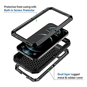 Lanhiem for iPhone 12 Pro Max Metal Case (6.7 inch), Heavy Duty Shockproof [Tough Armour] Case with Built-in Glass Screen Protector, 360 Full Body Dust Proof Protective Cover, Black