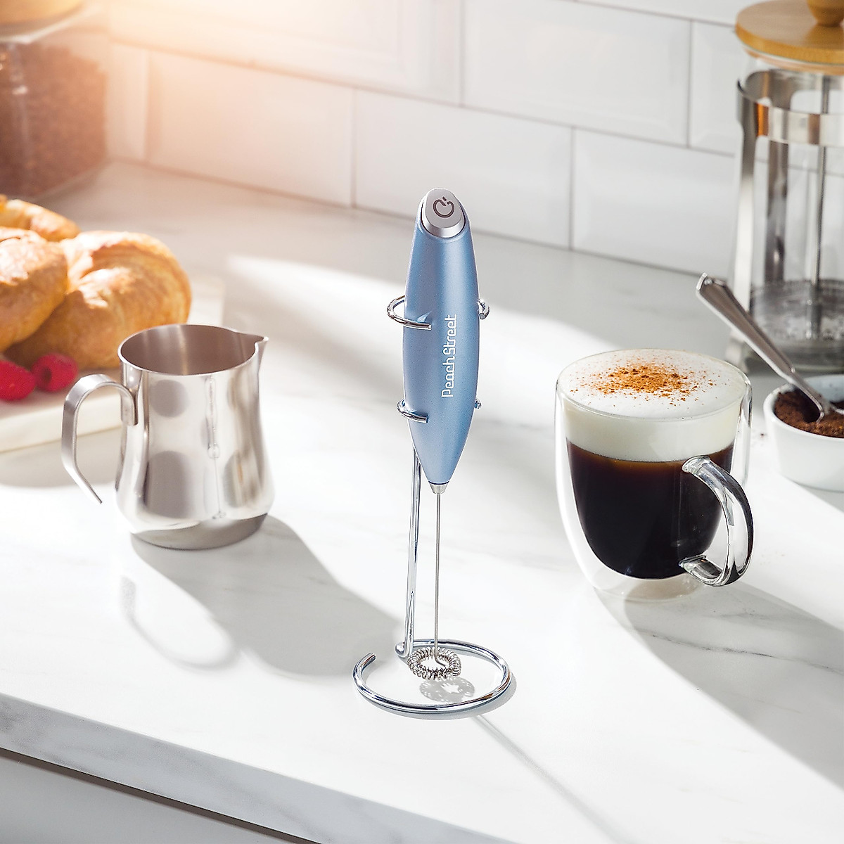 Powerful Handheld Milk Frother, Mini Milk Foamer, Battery Operated (Not included) Stainless Steel Drink Mixer with Frother Stand for Coffee, Lattes, Cappuccino, Frappe, Matcha, Hot Chocolate.