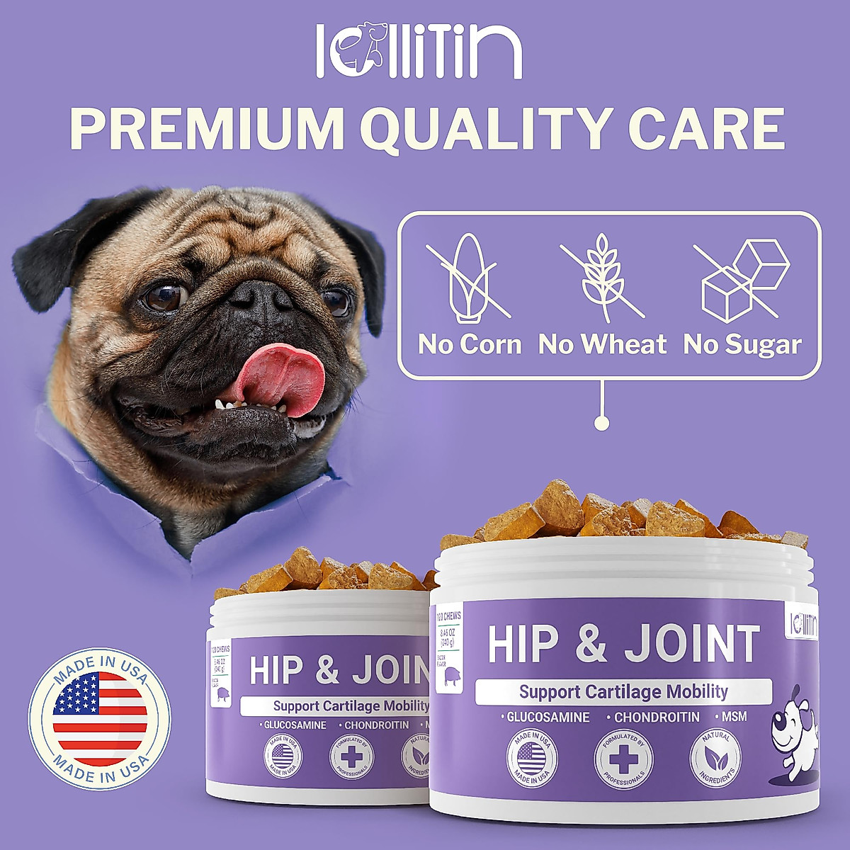 Dog Hip and Joint Supplement - Made in USA Dog Joint Supplement for Mobility Issues - Relief with Glucosamine for Dogs, MSM - 120 Count, Bacon Flavor - All Natural Dog Joint and Hip Supplement