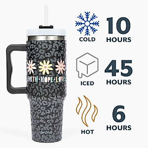 Love in Faith | Stainless Steel 40oz Tumbler with Handle | Vacuum Insulated | Faith-Based Christian Gifts | Faith Hope Love Black Leopard
