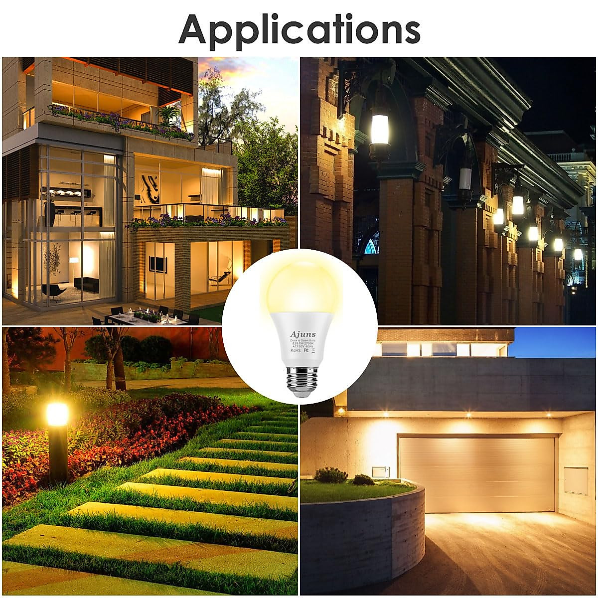 Ajuns Dusk to Dawn LED Light Bulb, Sensor Light Bulb 5W E26 Automatic On/Off Light, Porch Garage Courtyard Balcony Lighting Bulb 2700K Warm White 2Packs