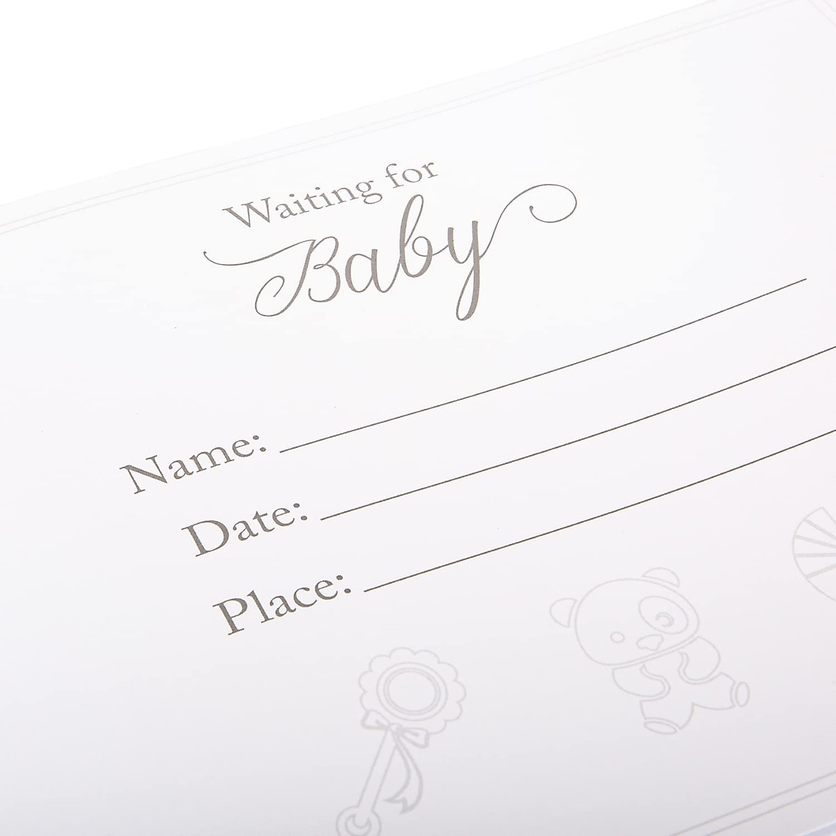 Happy Homewares Beautiful Ivory White Baby Shower Guest Book with Silver Plated Teddy Bear and Stars | 40 Lined Sheets | Luxurious Grey Fabric Ribbon