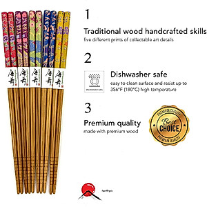 JapanBargain 3648, Bamboo Chopsticks Set Reusable Japanese Chinese Korean Wood Chop Sticks Hair Sticks, Dishwasher Safe, 5 Pair Gift Set, 9-inch (1)