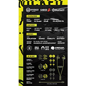 Wicked Audio Shred2 — Wireless Bluetooth Sweat Proof Earbud — Noise Isolating Wireless Earbuds Bluetooth Headphones, Workout and Running Headphones with Microphone and Track Control — Lime Freak