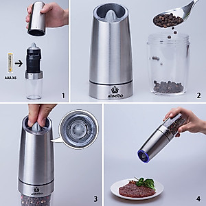 Gravity Electric Salt and Pepper Mill Set with Adjustable Coarseness, Automatic Battery Powered with Blue LED Light, Brushed Stainless Steel by aLBeDo
