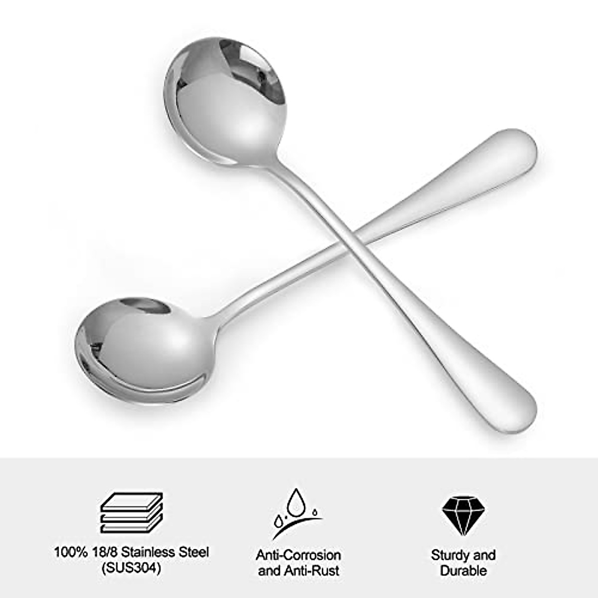 ATHBEDA Soup Spoons Set Round Spoons, 8 Pieces, 7.28 Inch, SUS304 18/8 Stainless Steel
