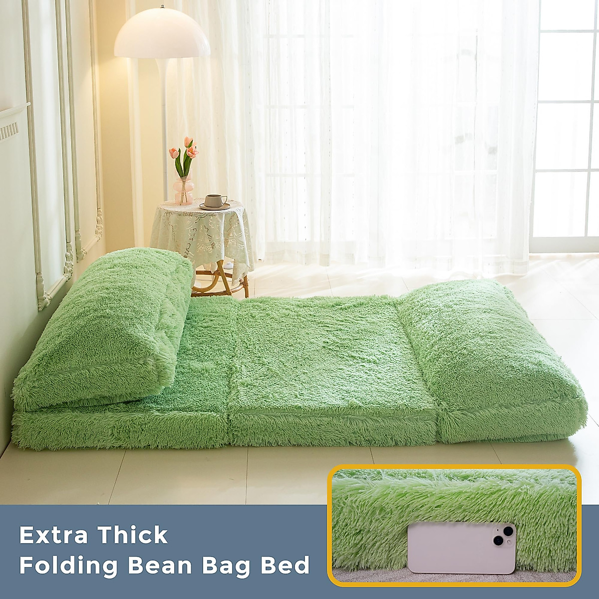 MAXYOYO Bean Bag Bed Floor Bed, Faux Fur Floor Sofa Floor Chairs for Adults, Folding Sofa Bed Foam Filling Wall Couch Sleeper Chairs Single Size Floor Mattress, Green, 30x95 Inch