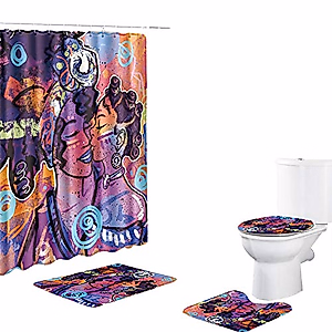 EVERMARKET Creative Colorful Printing Toilet Pad Cover Bath Mat Shower Curtain Set for Bathroom Decor,4 Pcs Set - 1 Shower Curtain & 3 Toilet Mat and Lid Cover (African American Girl Kiss Mom)