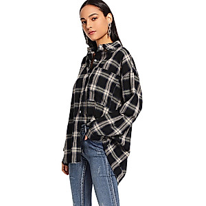SweatyRocks Women's Long Sleeve Collar Long Button Down Plaid Shirt Blouse Tops Black Large