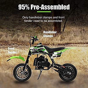 FRP DB001 50CC 2-Stroke Kid Dirt Bike, Off-Road Mini Dirt Bike Up to 20Mph, EPA Approved Kids Dirt Bike W/Rear Suspension, Kill Switch, Front & Rear Disc Brake, Dirt Bike Gas Max Load 160Lbs (Green)